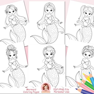Cute Mermaid Coloring Pages for Kids, Mermaids Digital Stamp, Black and ...