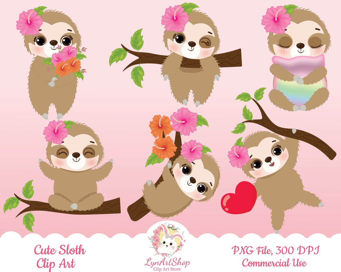 Cute sloth clipart cute sloth sloth Clip Art Set of cute | Etsy