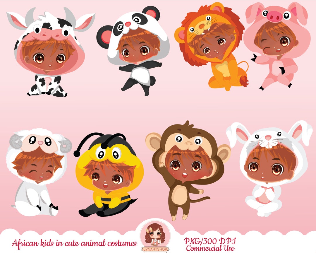 African Boy in Cute Animal Costume Clipart, Cute Chibi Kids With ...