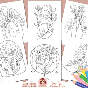 Boho Flower Coloring Pages, Simple Flower Coloring Book, Bohemian ...