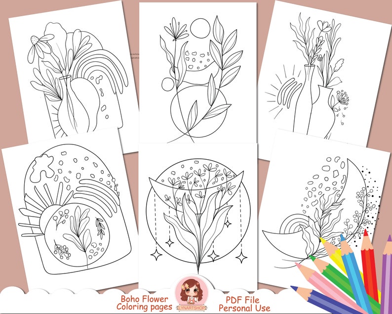 Boho Flower Coloring Pages, Simple Flower Coloring Book, Bohemian ...