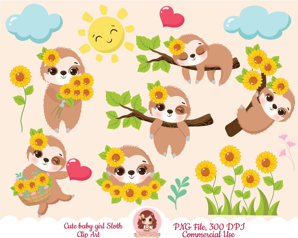 Cute Sloth Clipart Cute Sloth Sloth Clip Art Set of Cute - Etsy