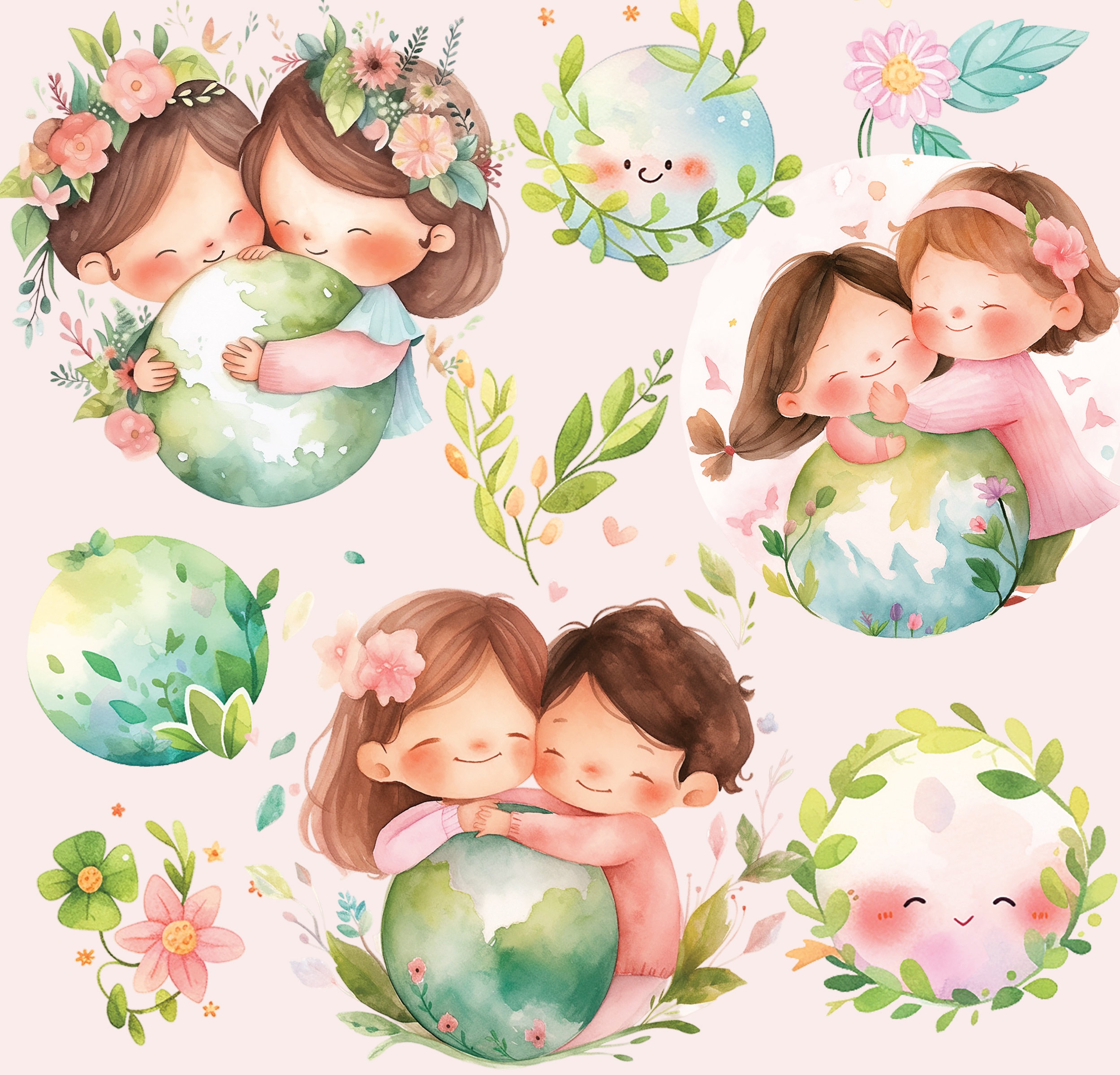 Cute Watercolor Earthday Clipart PNG, Kids Clip Art, Flower, Leaves ...