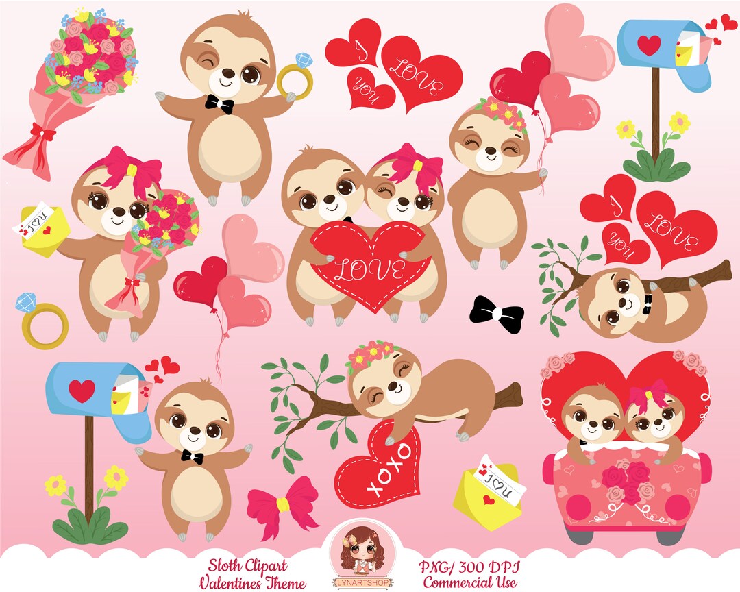 Cute Valentine Sloth Clipart, Baby Girl Sloth, Baby Boy Sloth, Vector ...