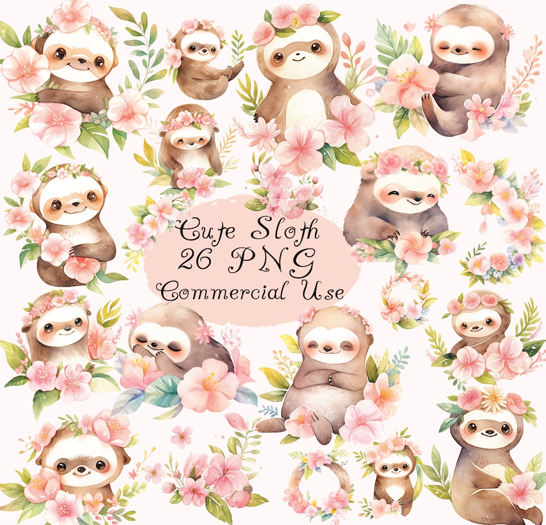 Cute Watercolor Baby Girl Sloth Clip Art, Cute Sloth With Flowers ...