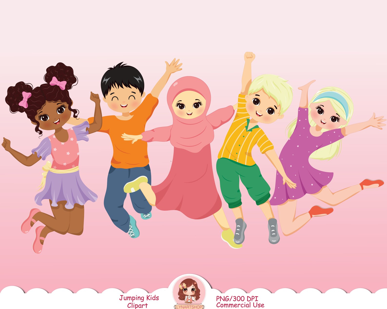 Cute Kids Clipart, Jumping Children, Multicultural Kids Clipart, Happy ...