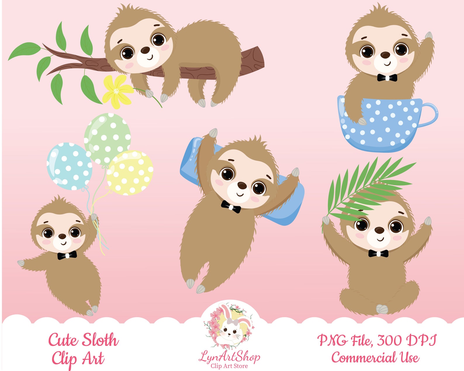 Cute Sloth Clipart, Cute Sloth, Sloth Clipart, Set of Cute Sloths, Baby ...