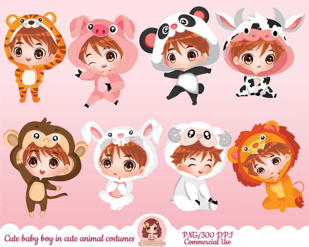 Cute Baby Boy With Animal Costume Clipart Cute Chibi Clipart - Etsy