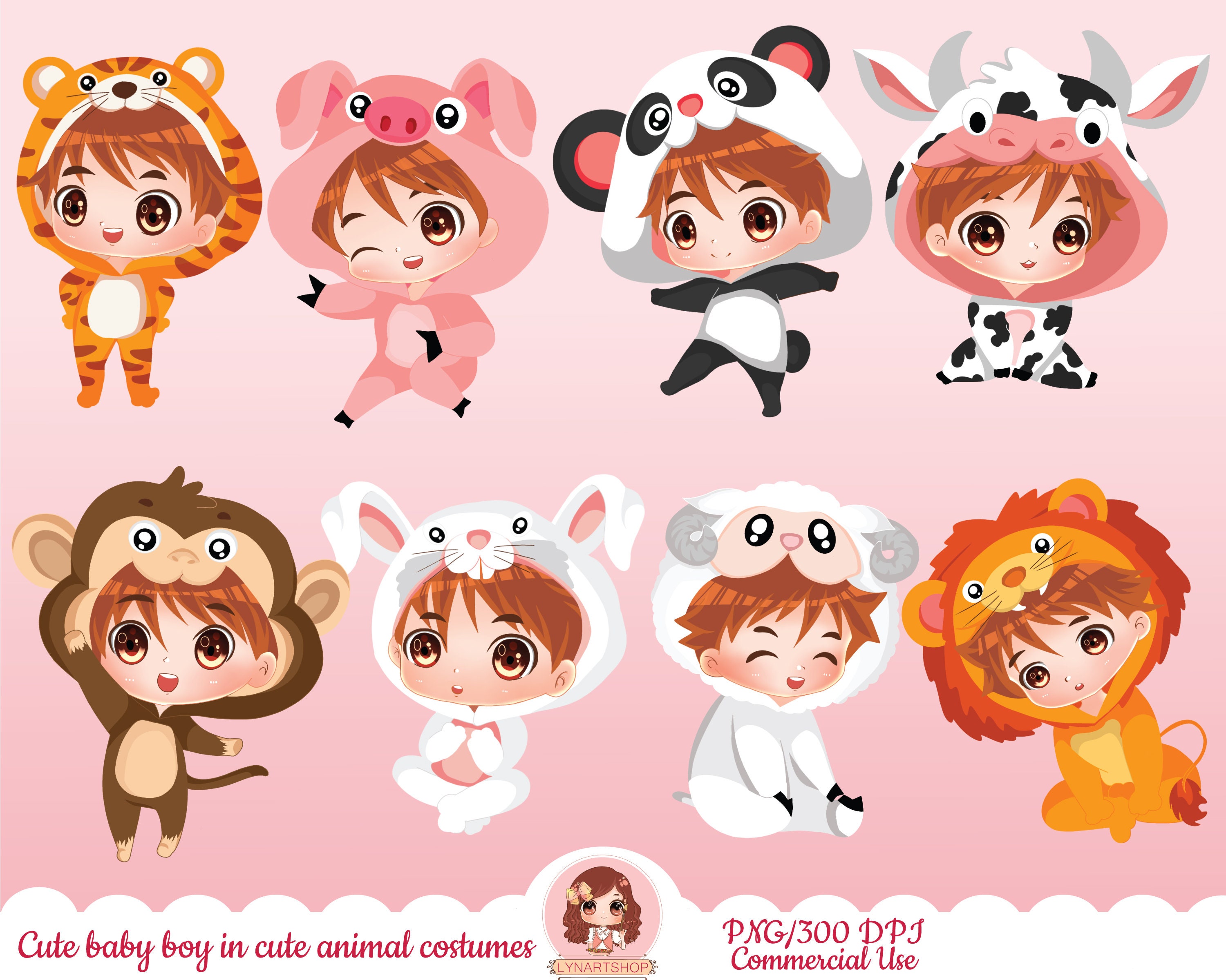 Cute Baby Boy With Animal Costume Clipart, Cute Chibi Clipart, Cute ...