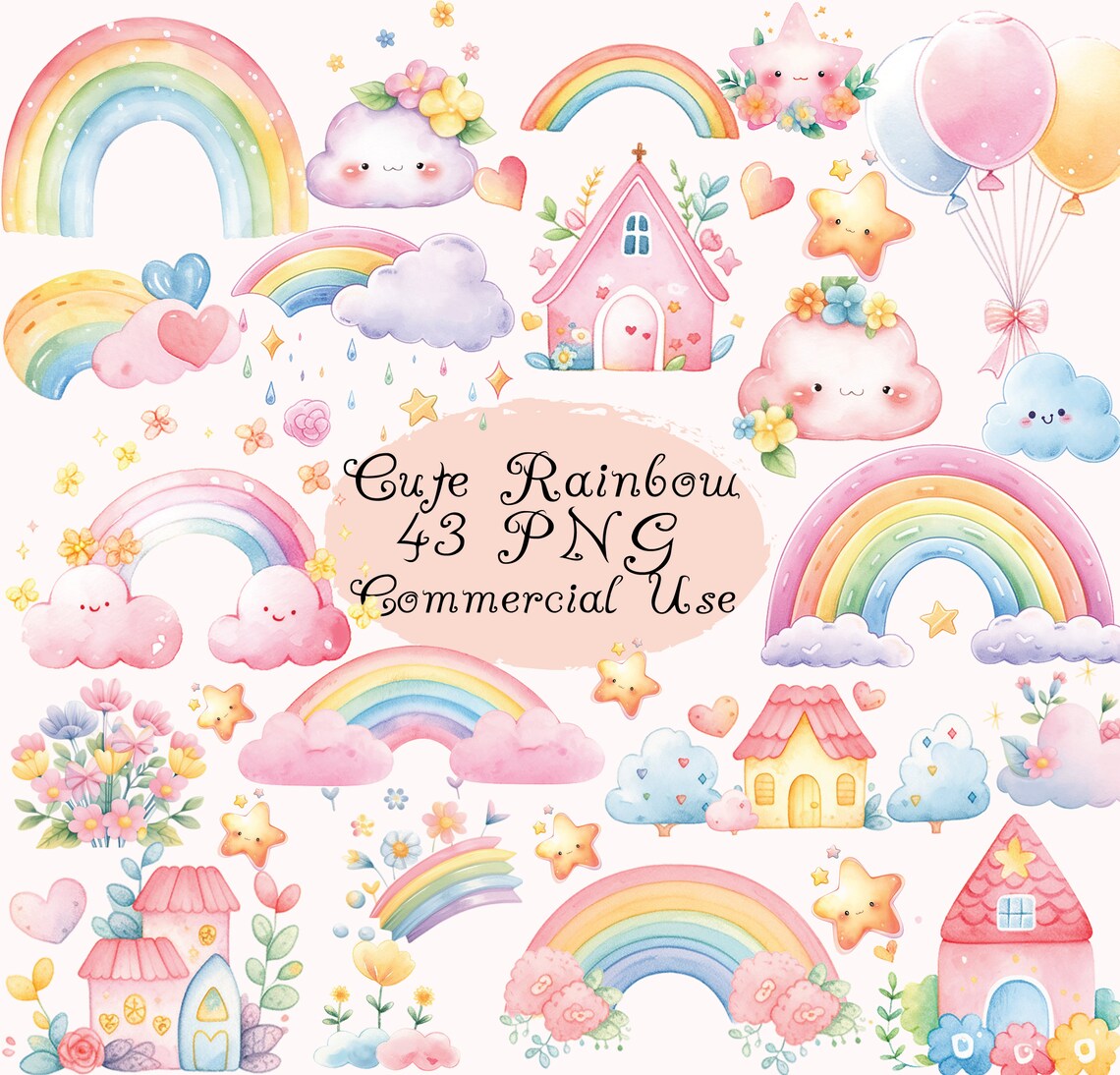 Cute Pastel Rainbows, Star, Cloud, Flowers, Cute Houses Clipart PNG ...