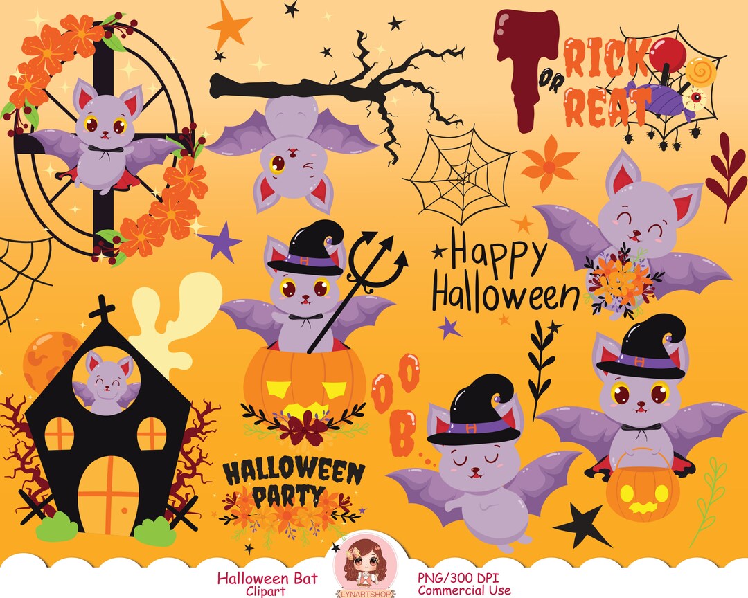 Cute Halloween Clipart, Bat Clip Art PNG, Spooky Clipart, Cute Monster ...