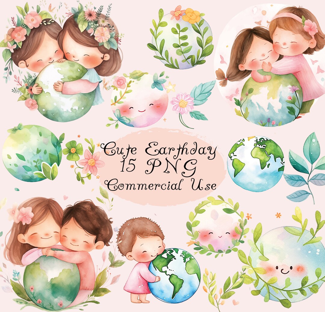 Cute Watercolor Earthday Clipart PNG, Kids Clip Art, Flower, Leaves ...