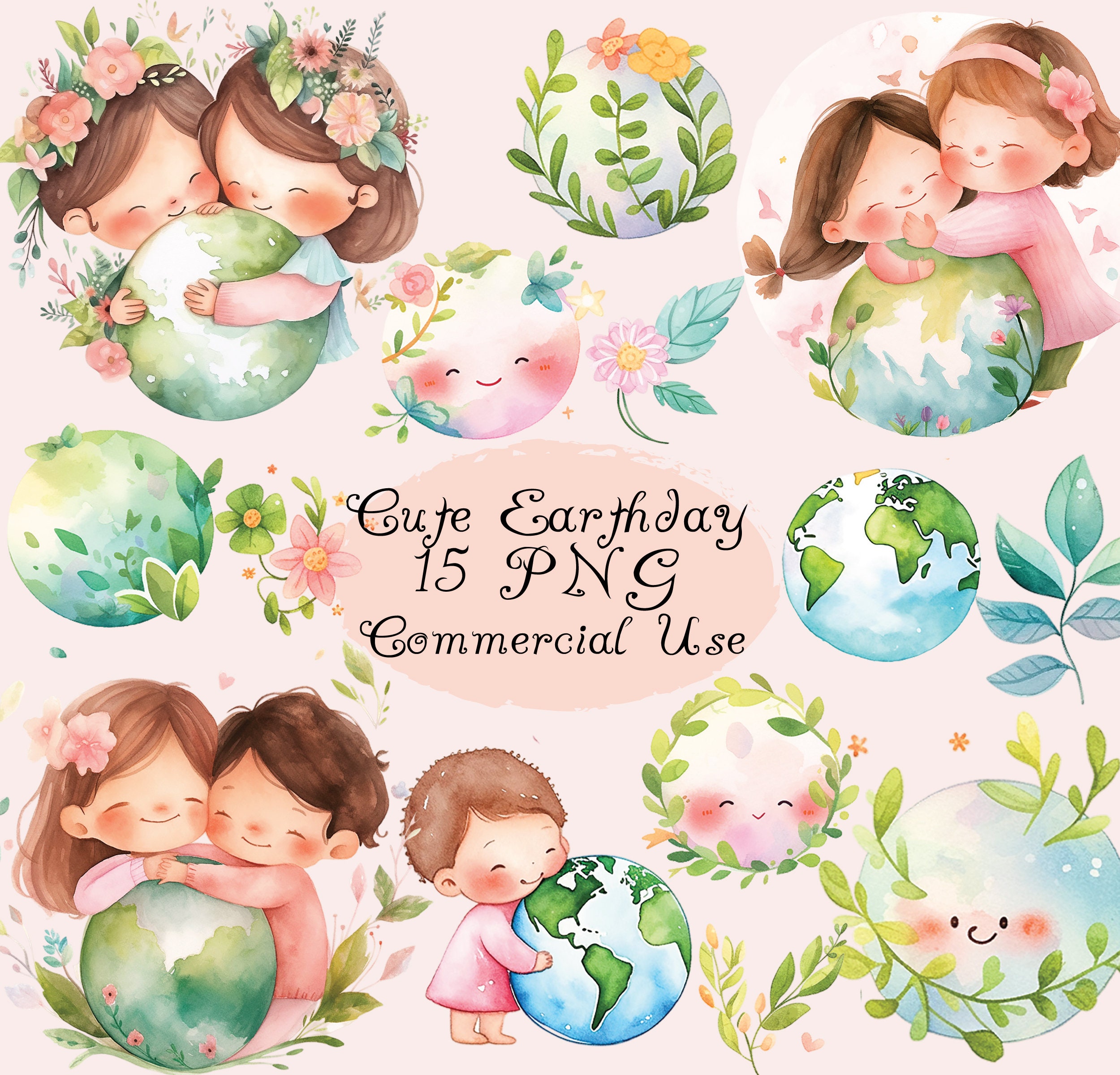 Cute Watercolor Earthday Clipart PNG, Kids Clip Art, Flower, Leaves ...