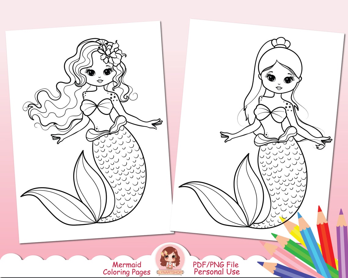 Cute Mermaid Coloring Pages for Kids, Mermaids Digital Stamp, Black and ...