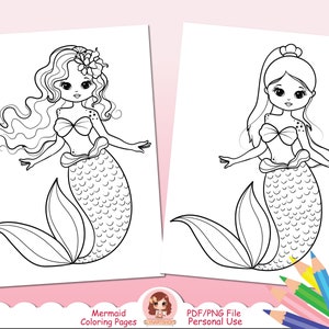 Cute Mermaid Coloring Pages for Kids, Mermaids Digital Stamp, Black and ...