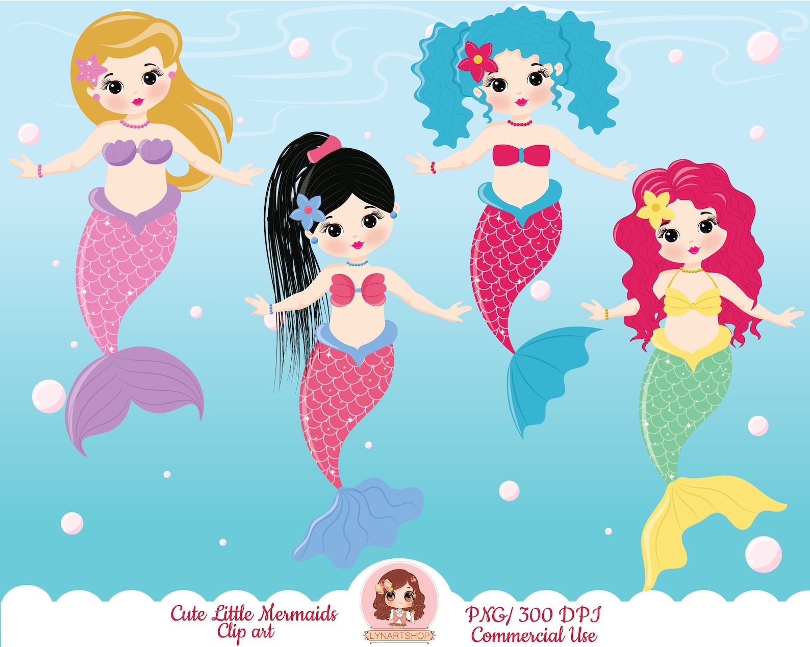 Mermaid clipart cute mermaid clipart cute mermaids clip art | Etsy