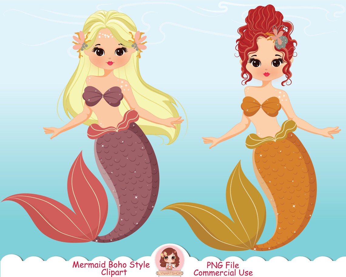 Cute Mermaid Clipart PNG Mermaids Clip Art Little Mermaid - Etsy