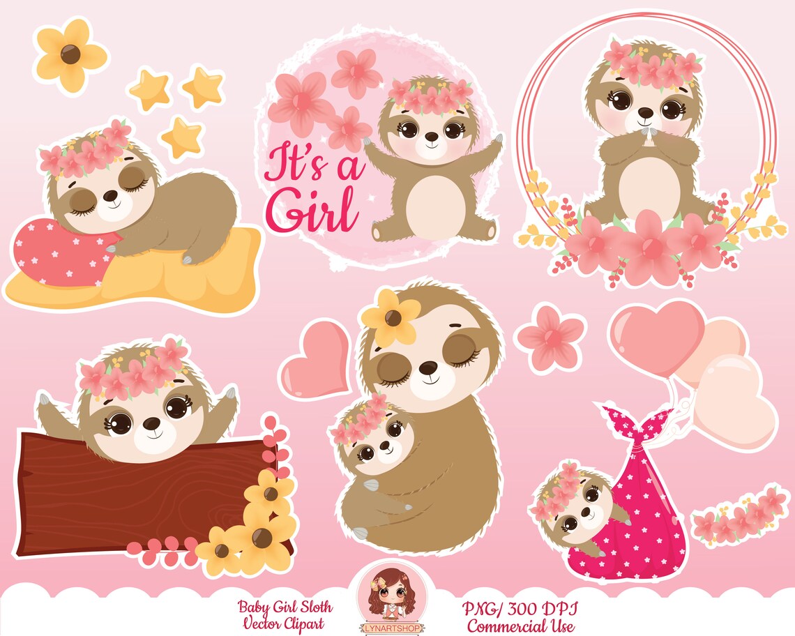 Sloth clipart PNG baby girl sloth cute sloth for nursery | Etsy