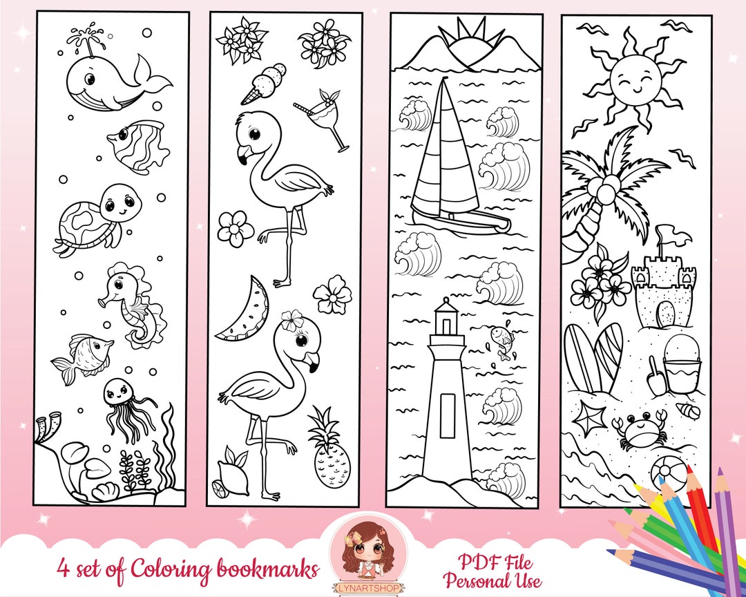 Printable Bookmarks for Kids, Set of 4 Bookmarks Summer Theme, Coloring ...