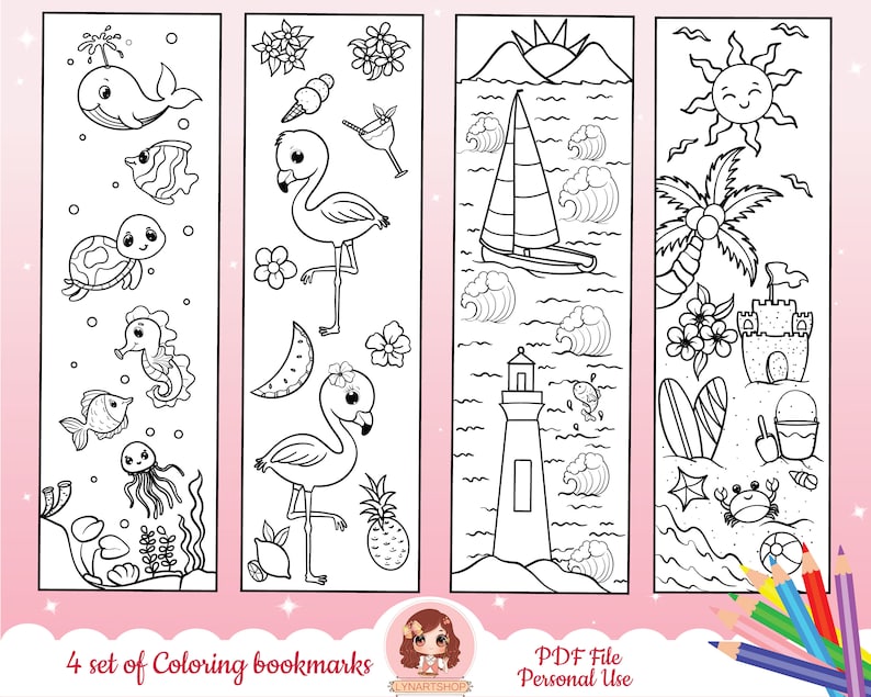 Printable Bookmarks for Kids, Set of 4 Bookmarks Summer Theme, Coloring ...