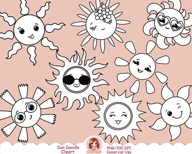 Cute Doodle Sun Clipart PNG, Sun Digital Stamp, Black and White Line ...