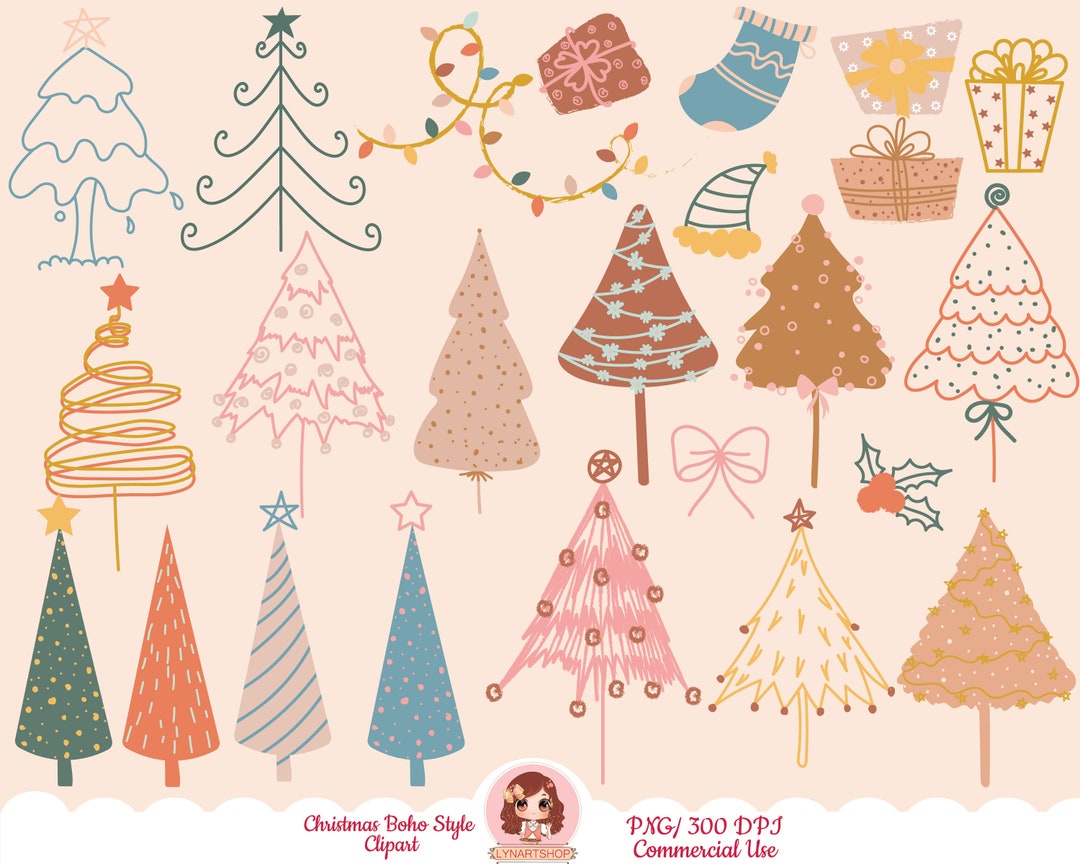 Christmas Clipart, Boho Style, Hand Drawn Christmas, Doodle, Messy ...