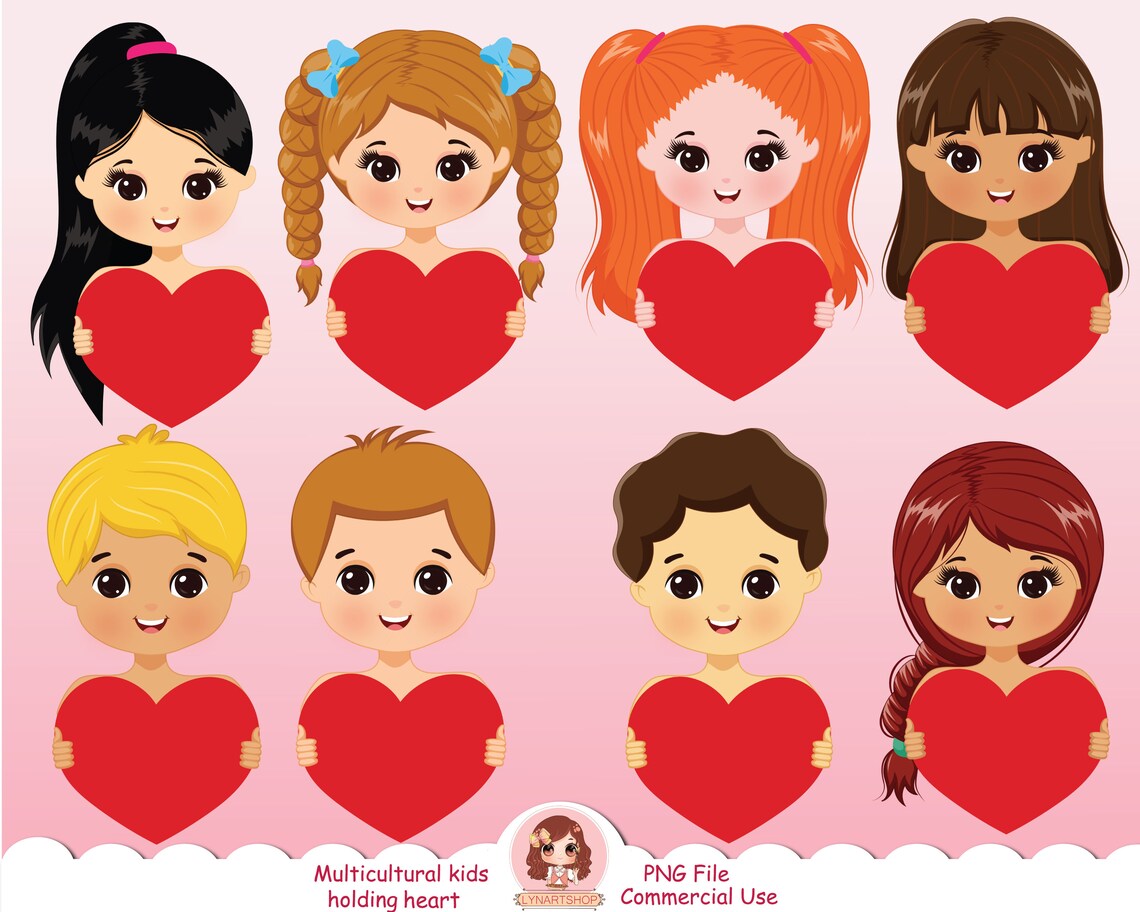 Multicultural Kids Holding Heart Clipart PNG Kids Clip Art - Etsy