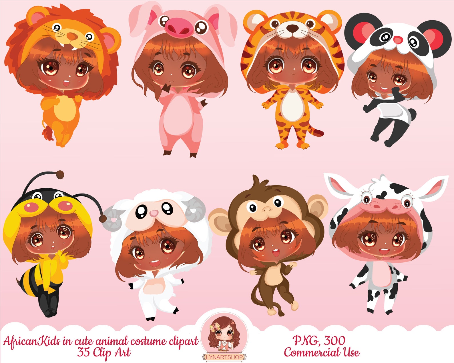 African Kids in Cute Animal Costume Clipart Cute Chibi With | Etsy