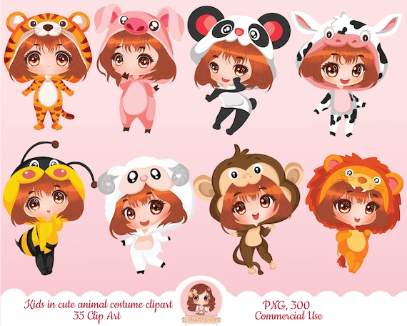 Kids in Cute Animal Costume Clipart Cute Chibi Kids With | Etsy