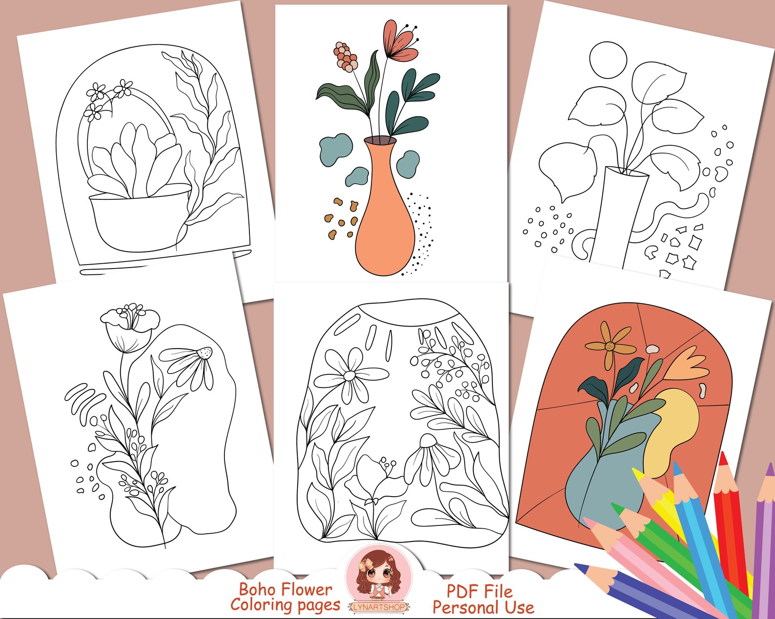 Boho Flower Coloring Pages, Simple Flower Coloring Book, Bohemian ...