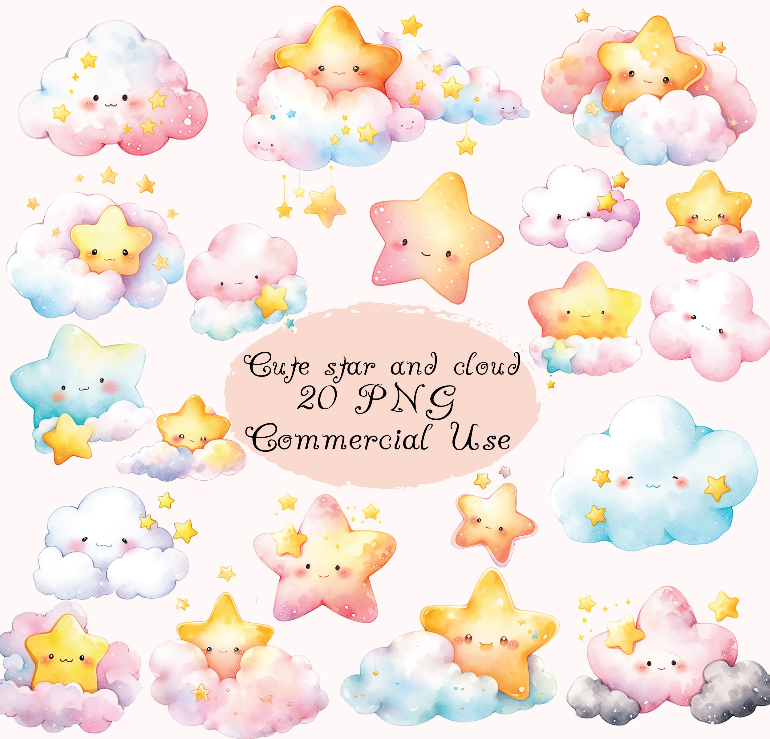Cute Stars and Cloud Clipart PNG, Star Clip Art, Nursery Theme ...