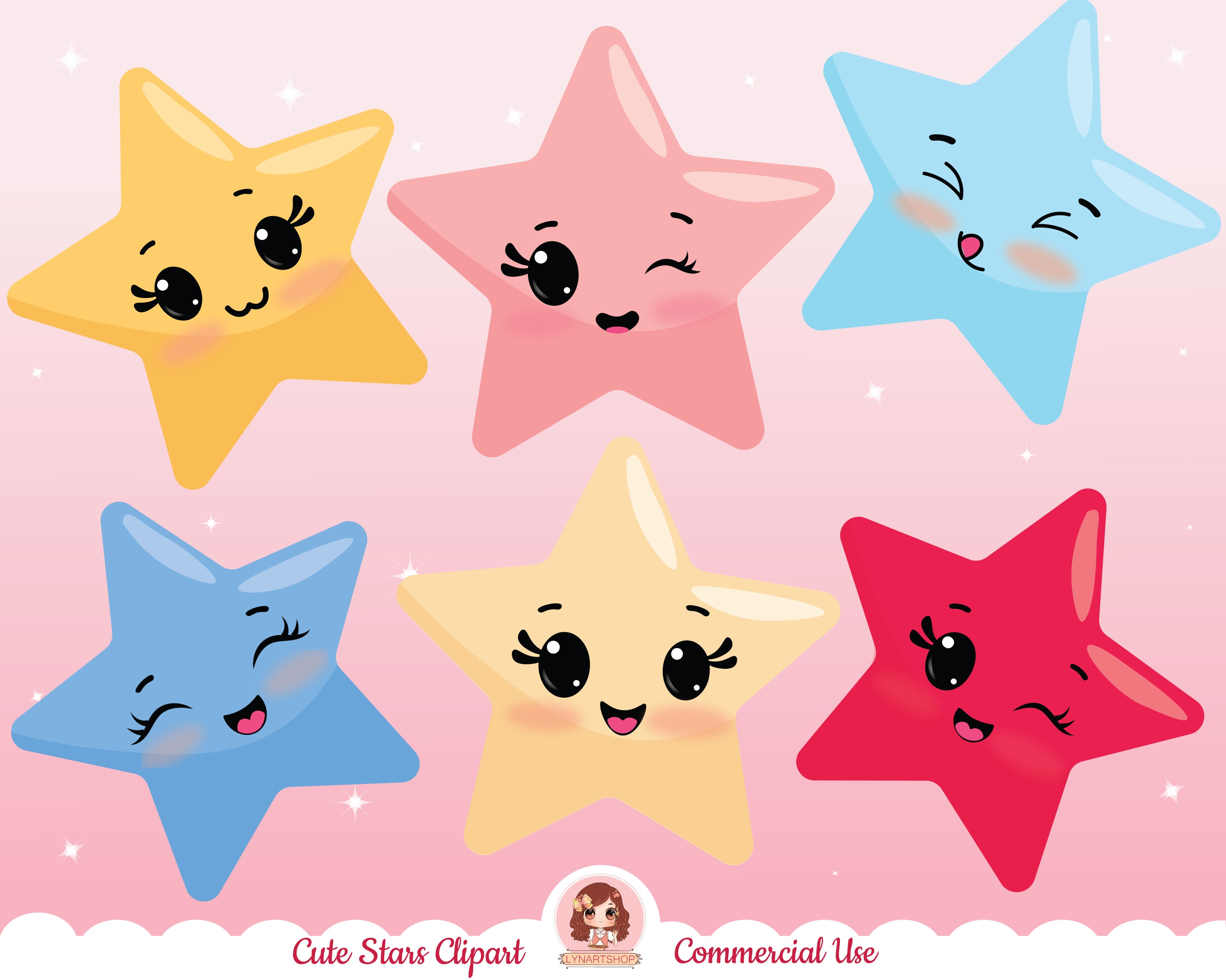 Cute Stars Clip Art, Kawaii Star Clipart, Star Clipart, Stars Clip Art ...