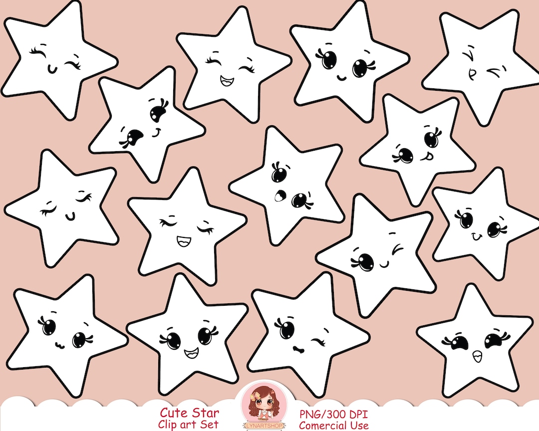 Cute Stars Clip Art PNG, Kawaii Star Digital Stamp, Star Doodle, Line ...