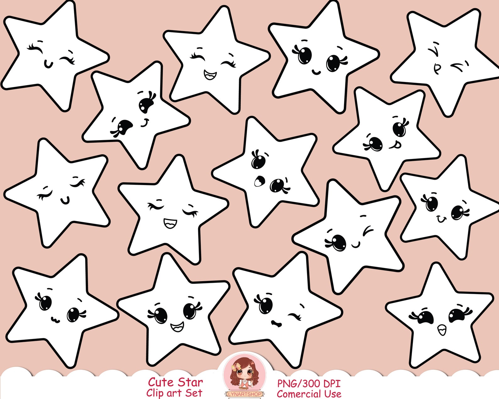 Cute Stars Clip Art PNG, Kawaii Star Digital Stamp, Star Doodle, Line ...