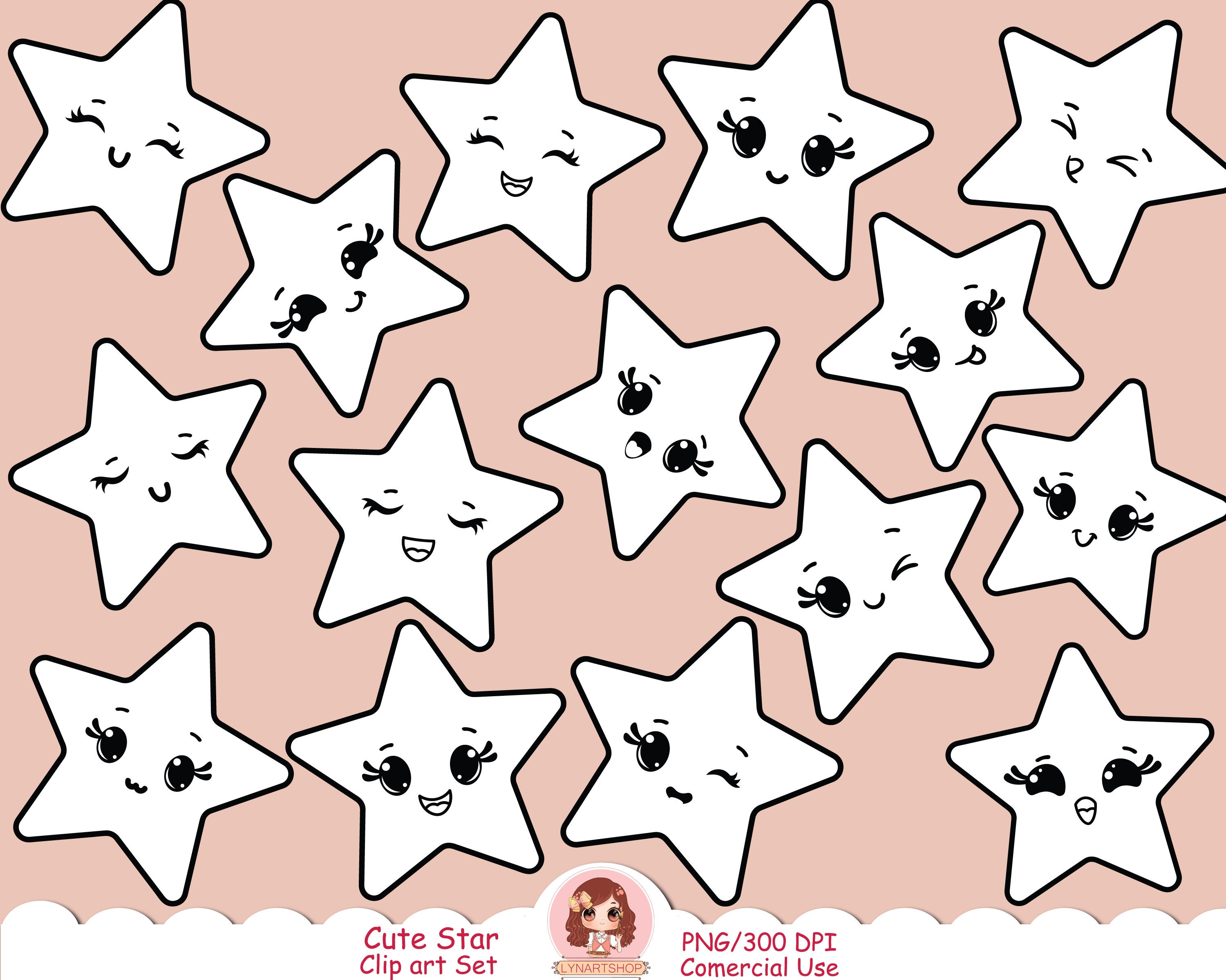 Cute Stars Clip Art PNG, Kawaii Star Digital Stamp, Star Doodle, Line ...