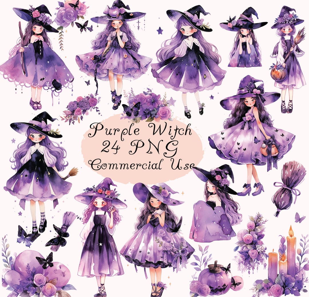 Watercolor Witch Purple, Gothic Clip Art PNG, Witches Clip Art, Pruple ...