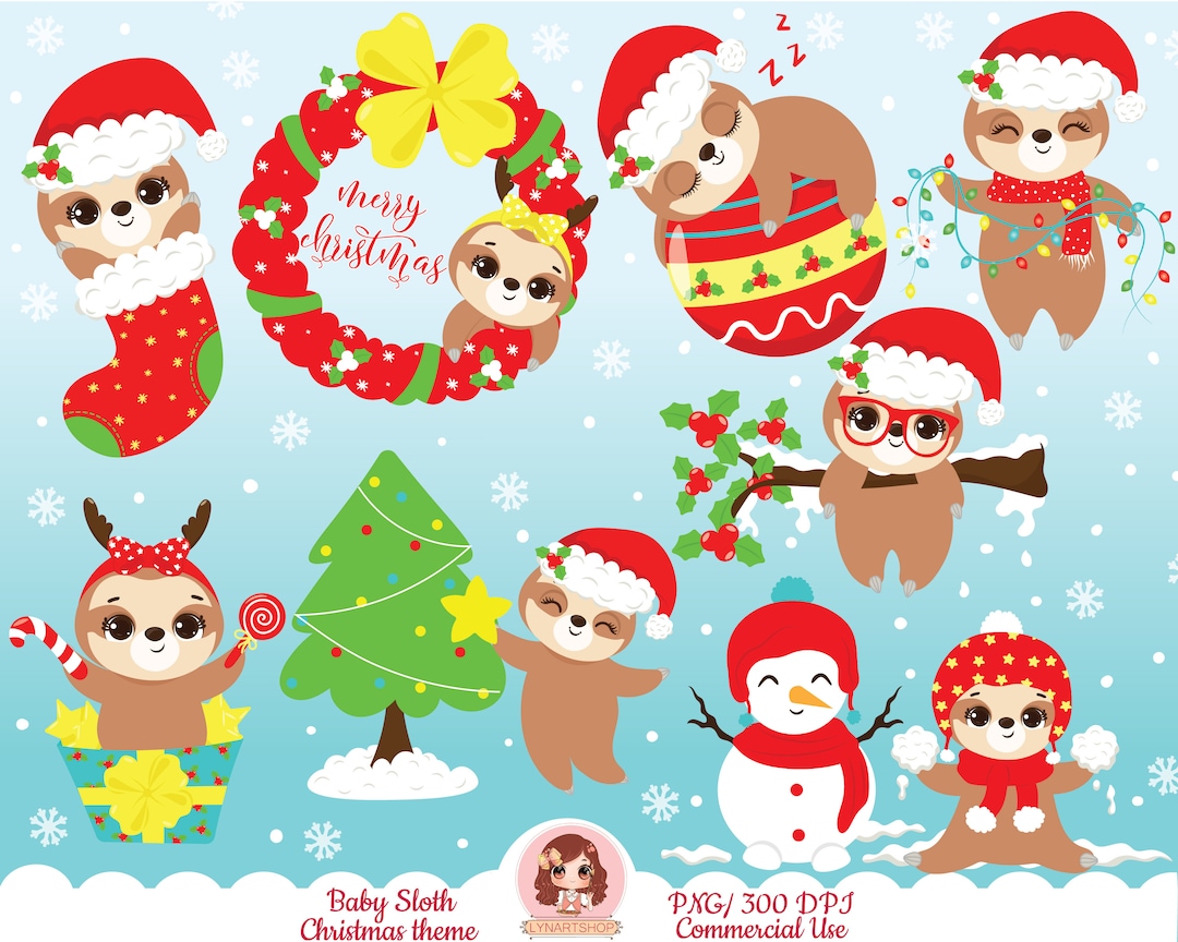 Cute Christmas Sloths Clipart, Sloth Christmas, Holiday Sloths, Santa ...