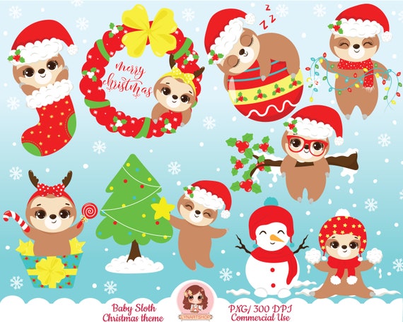 Cute Christmas Sloths Clipart Sloth Christmas Holiday - Etsy