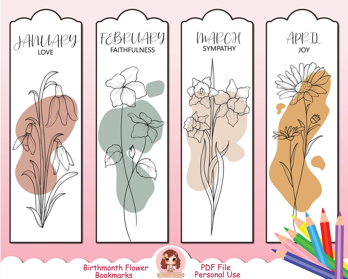 Birth Month Flower Book Marks, Printable Bookmark, Flower Coloring ...