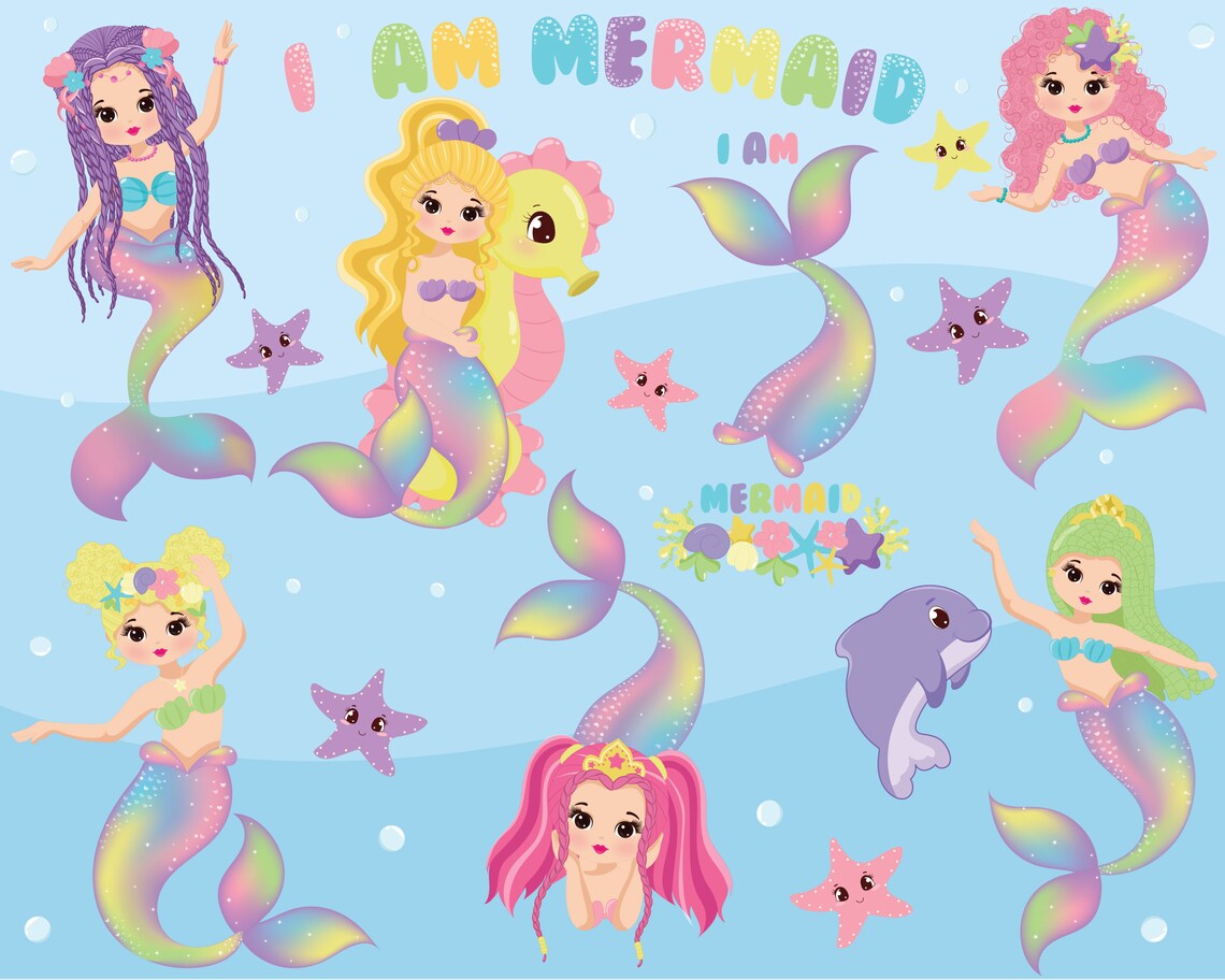 Mermaid Clipart Cute Mermaid Clip Art Glittered Mermaid - Etsy