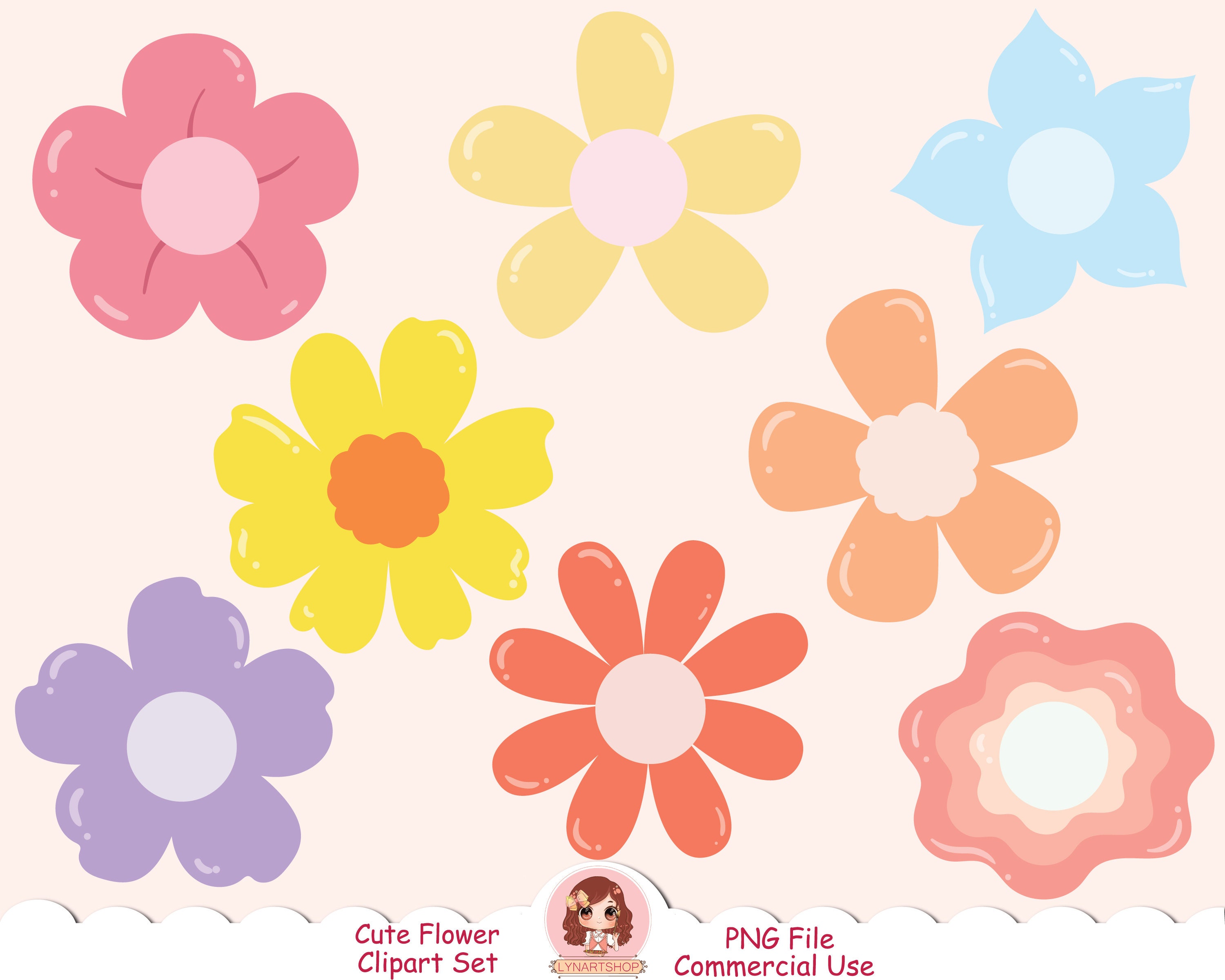 Cute Flower Vector Clipart Set, Commercial Use, Flowers Clip Art ...