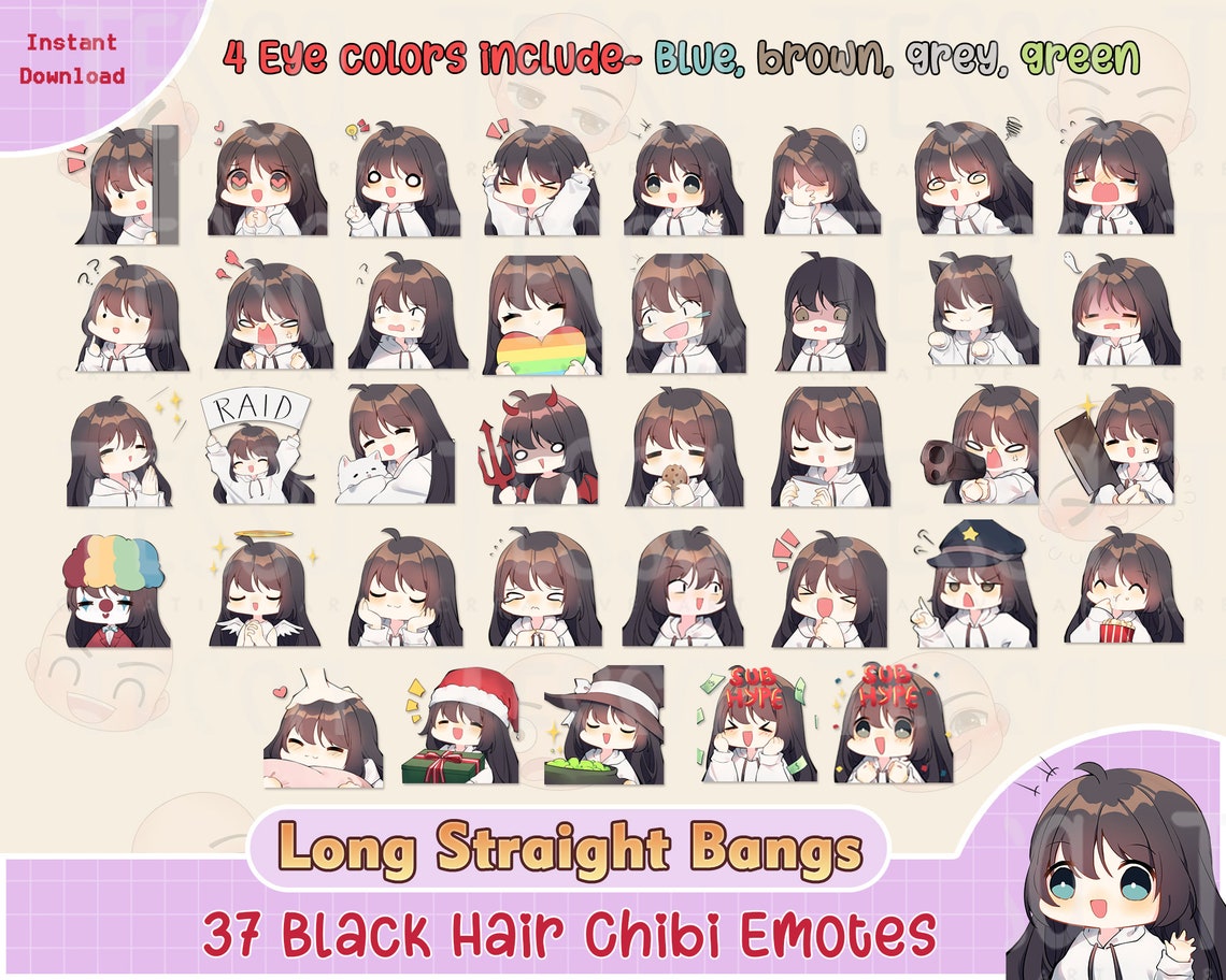 37 Long Straight Black Hair With Bangs Chibi Emote Ready for - Etsy
