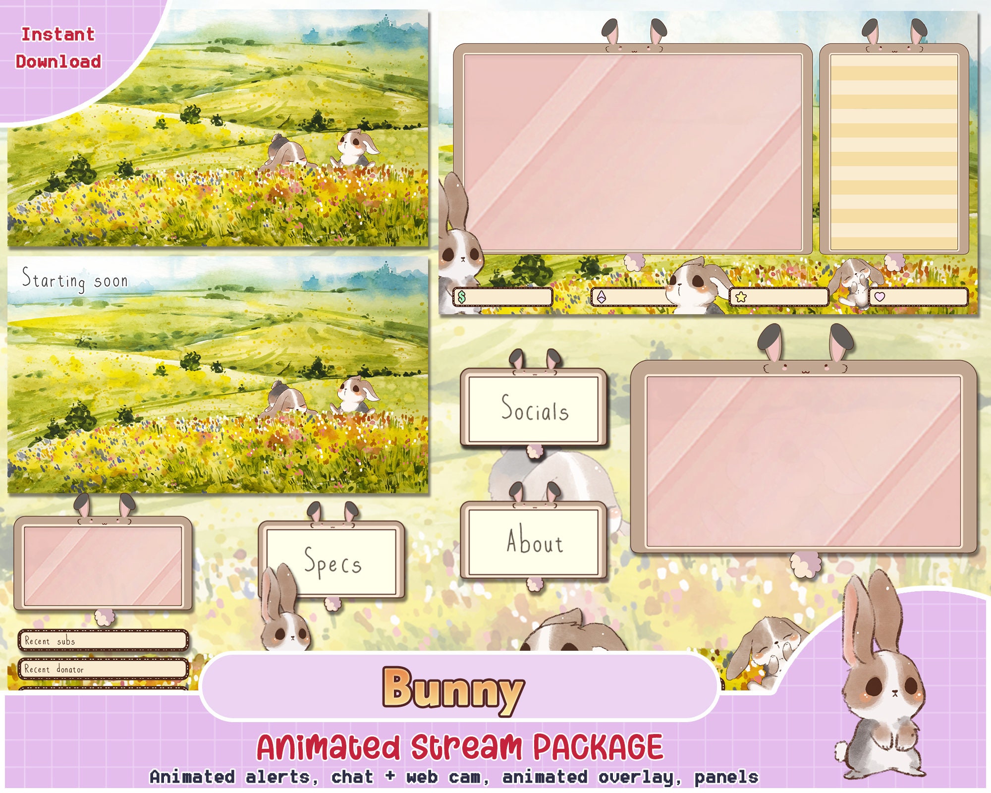 Animated bunny twitch package kawaii twitch overlay panels | Etsy