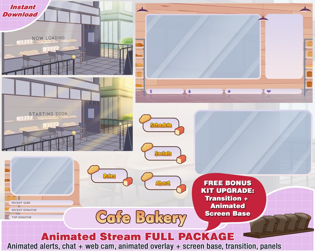 Animated Café Bakery Twitch Package: Kawaii Twitch Overlays, Panels ...