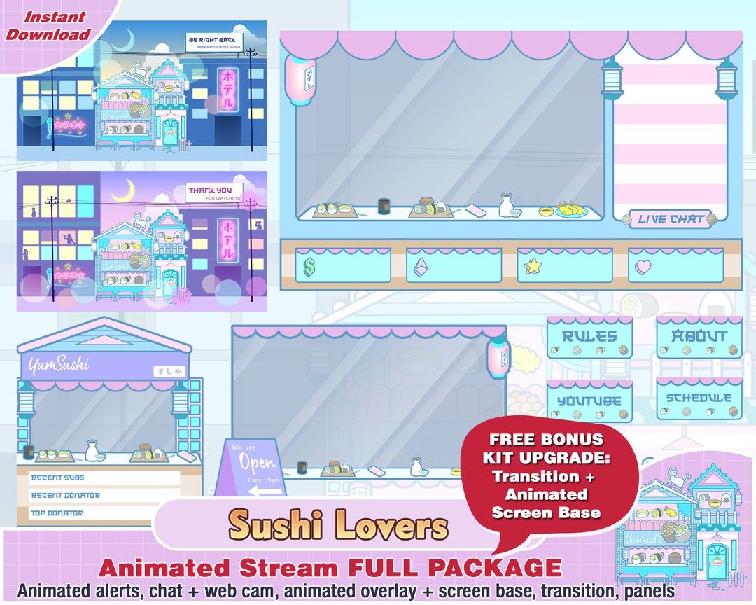 Animated Sushi Japan Twitch Package, Kawaii Twitch Overlay, Panels ...