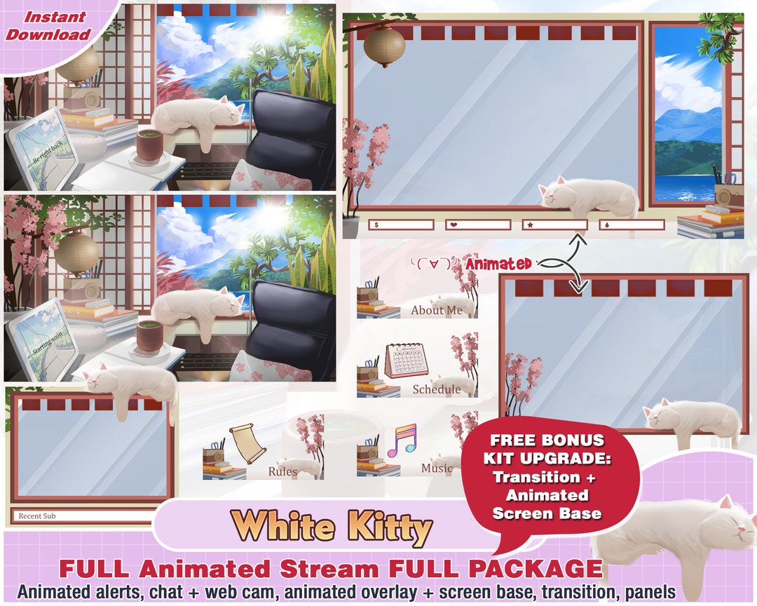 Animated White Kitty Cat Setup Twitch Package, Cute Twitch Overlay ...