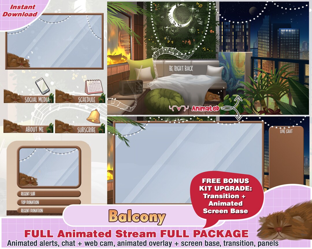 Animated Cute Cozy Balcony Tabby Kitty Cat Twitch Package for Streamer ...