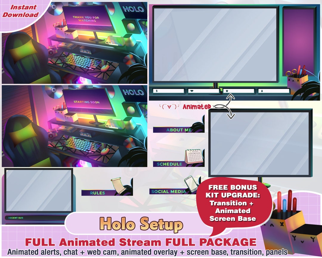 Animated Holo Setup Pc Twitch Package, Cute Twitch Overlays, Panels ...