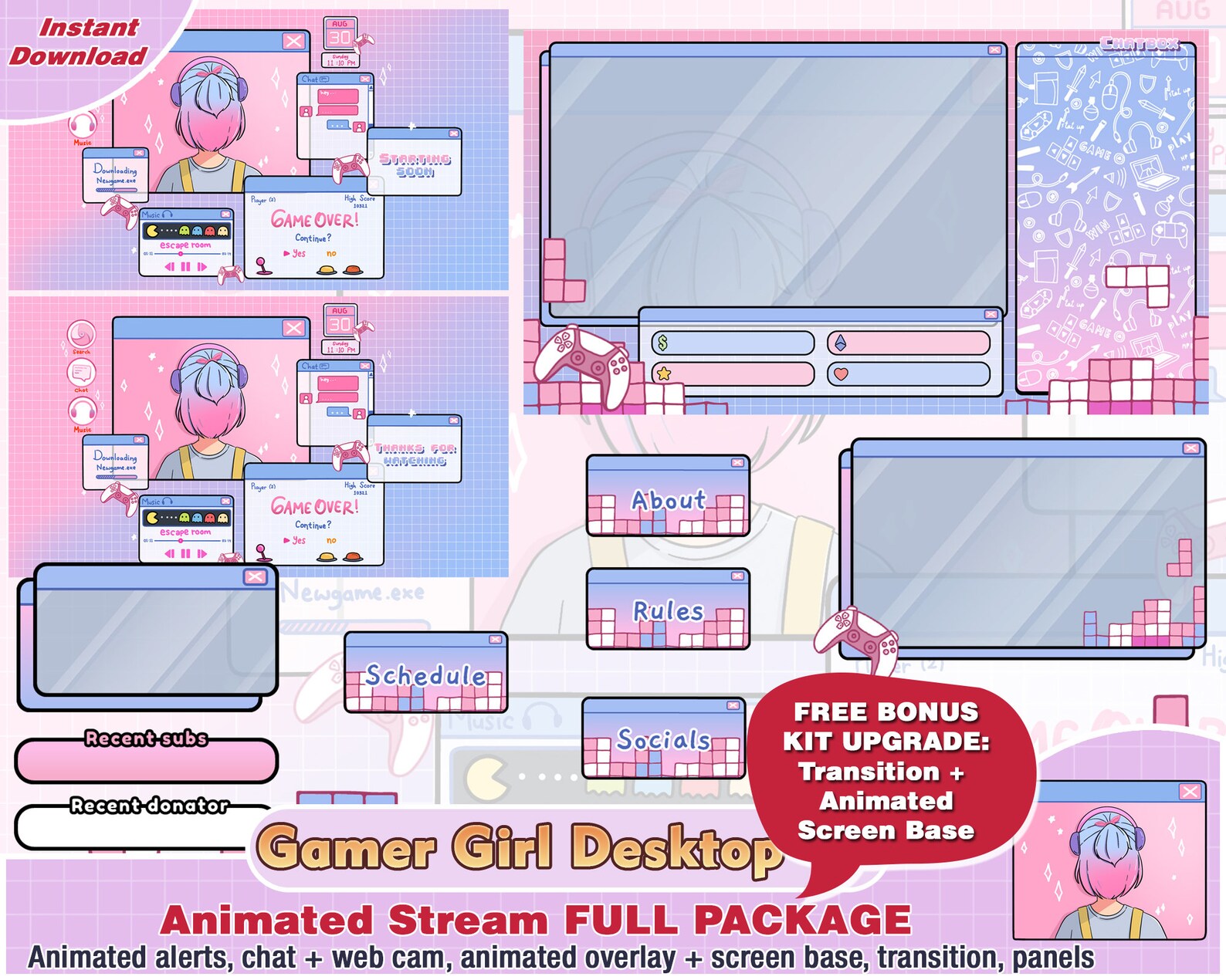 Animated Gamer Girl Pc Twitch Package Kawaii Twitch Overlays | Etsy