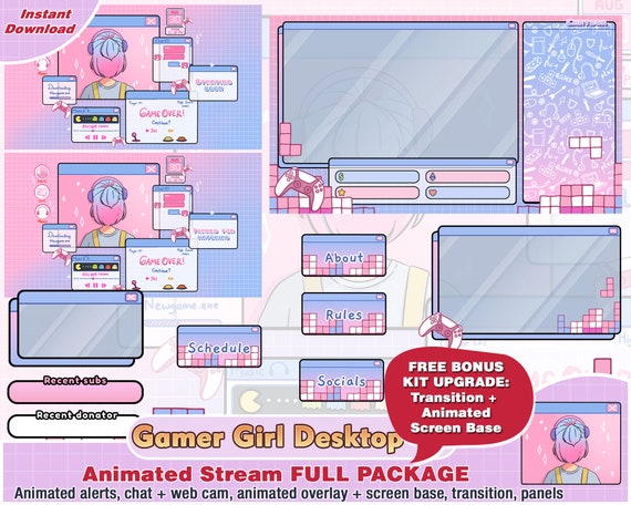 Animated Gamer Girl Pc Twitch Package Kawaii Twitch Overlays | Etsy